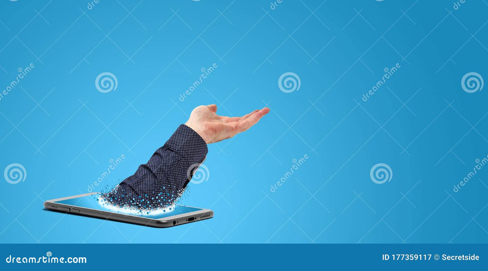 Hand Sticking Out of a Smartphone 3D Rendering and Real Picture Stock ...