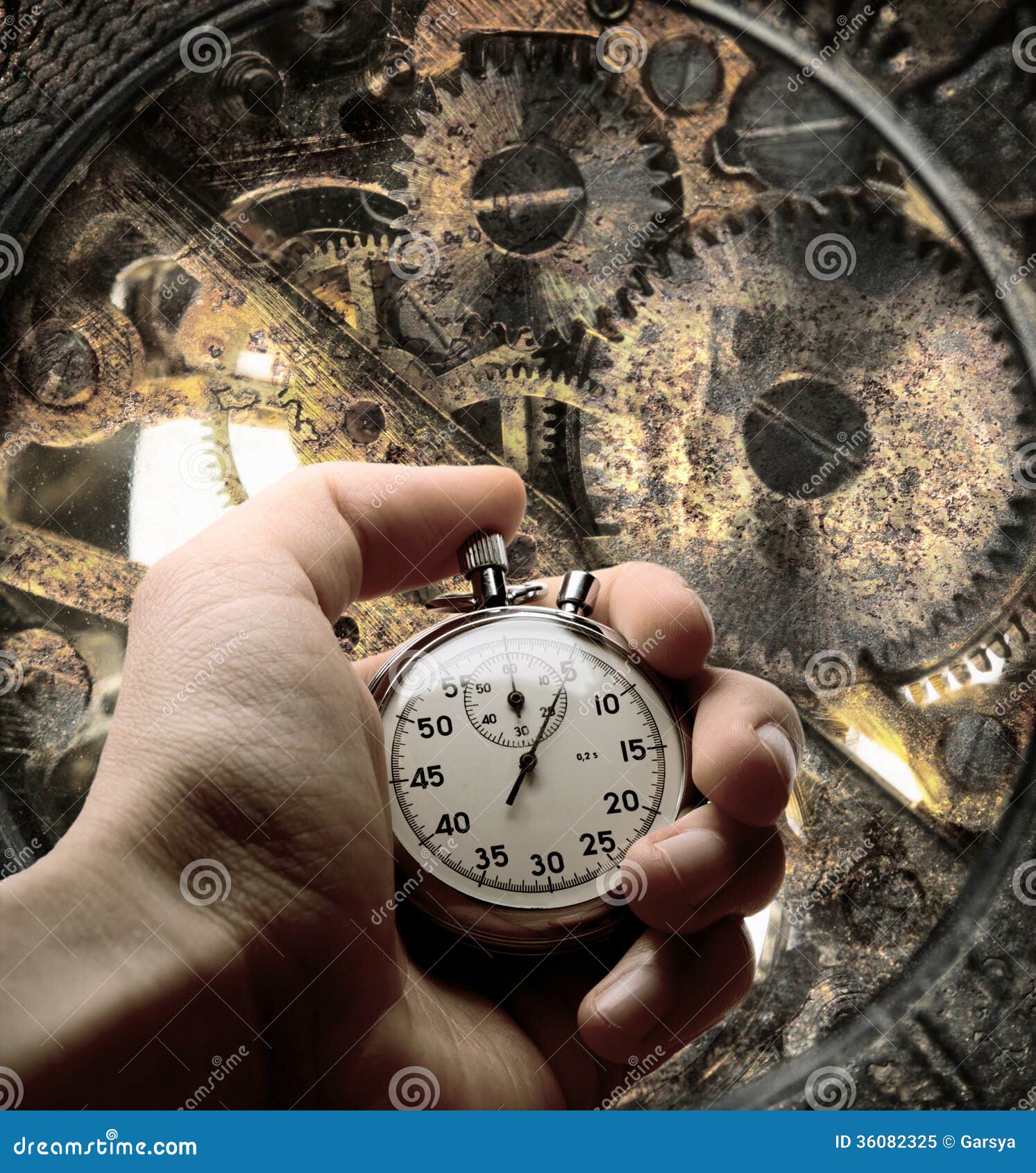 Hand with Stopwatch and Clockwork Inside Stock Image - Image of metal ...