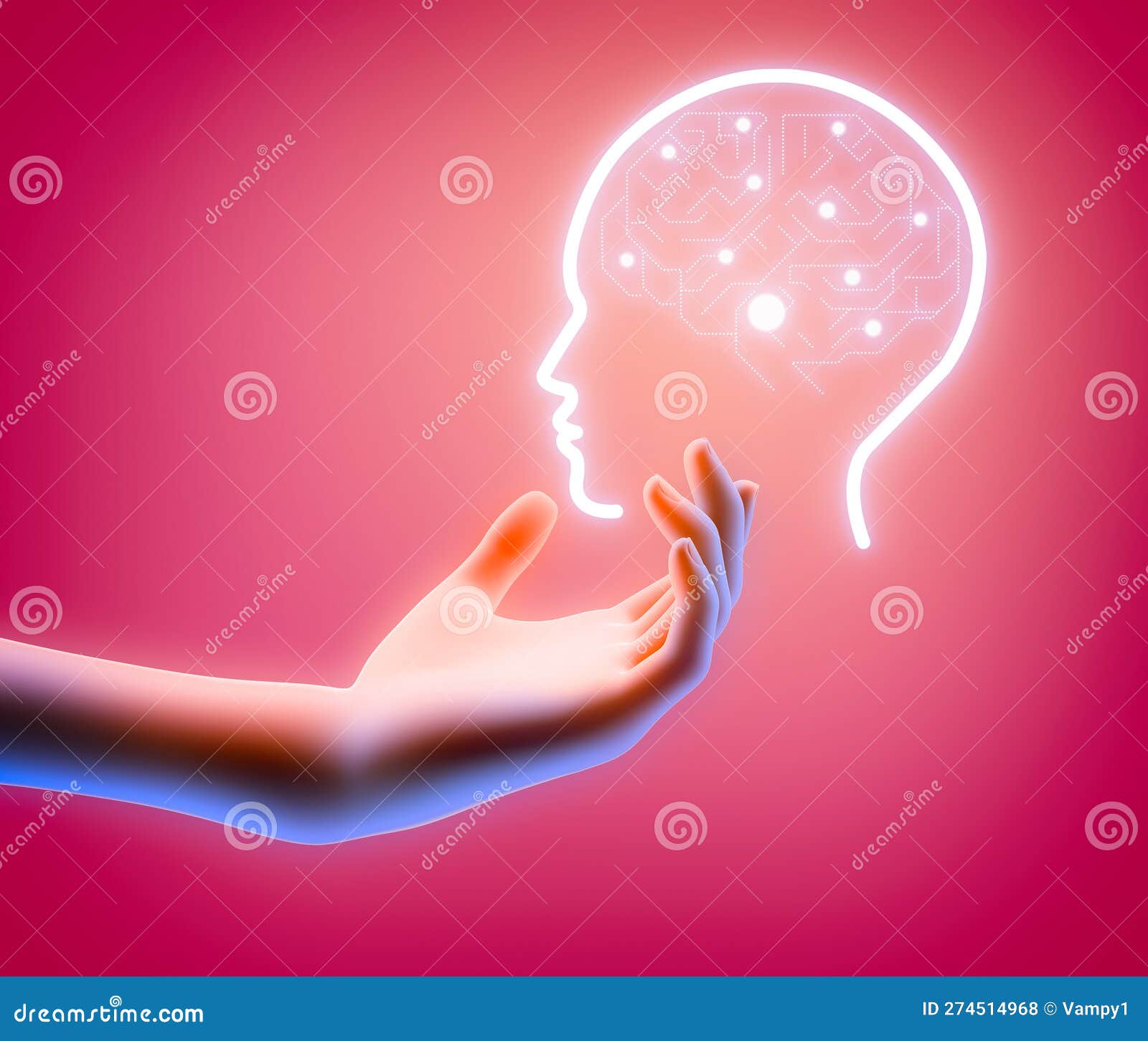 Hand with Stylized Head in Profile and Brain. Creation of Artificial ...