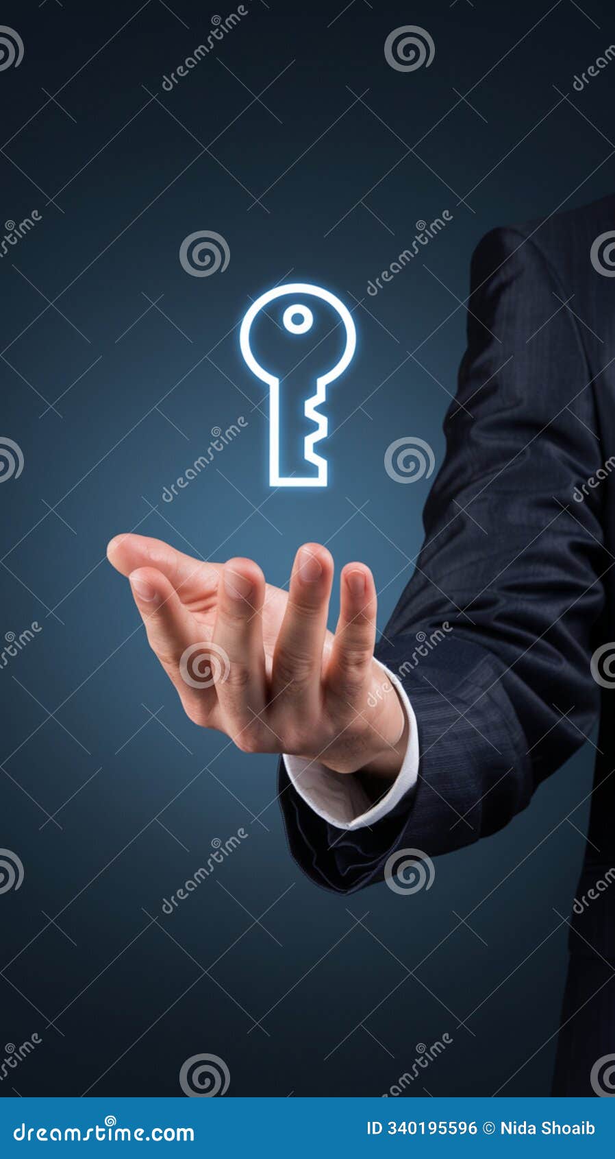 Hand in Suit Extends with Glowing Blue Key Icon Above, Dark Gradient ...
