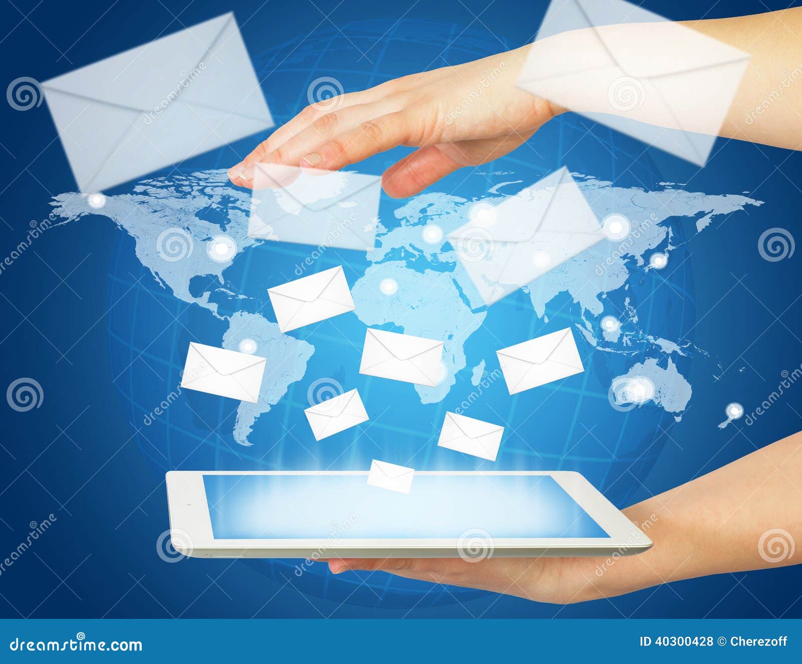Hand, Tablet Pc and Envelopes Stock Photo - Image of internet, envelope ...