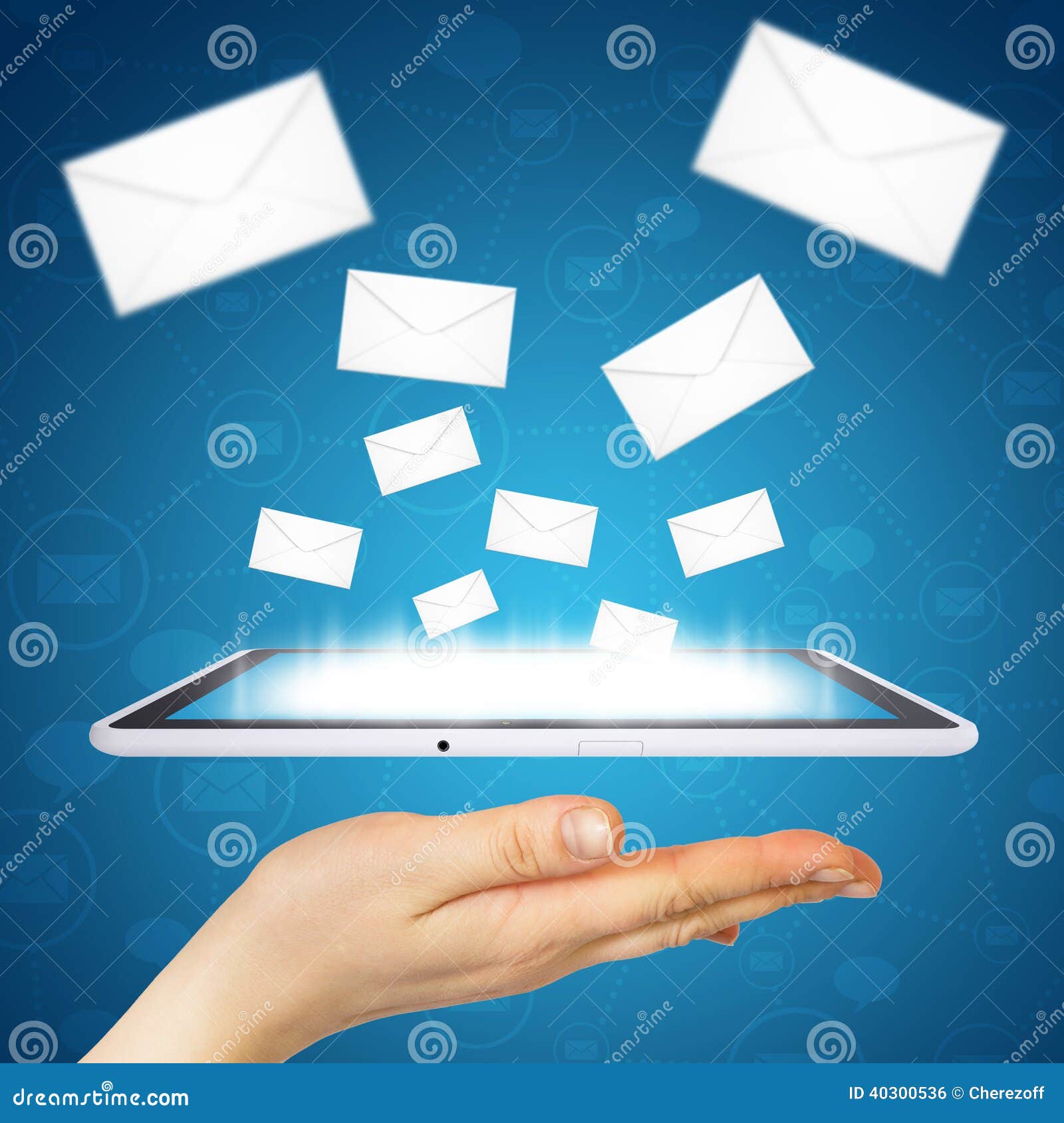 Hand, Tablet Pc and Envelopes Stock Photo - Image of data, connection ...