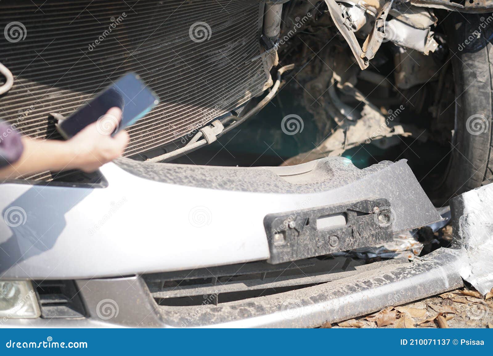 Hand Take Photo of Crashed Damaged Broken Car. Automobile Crash ...