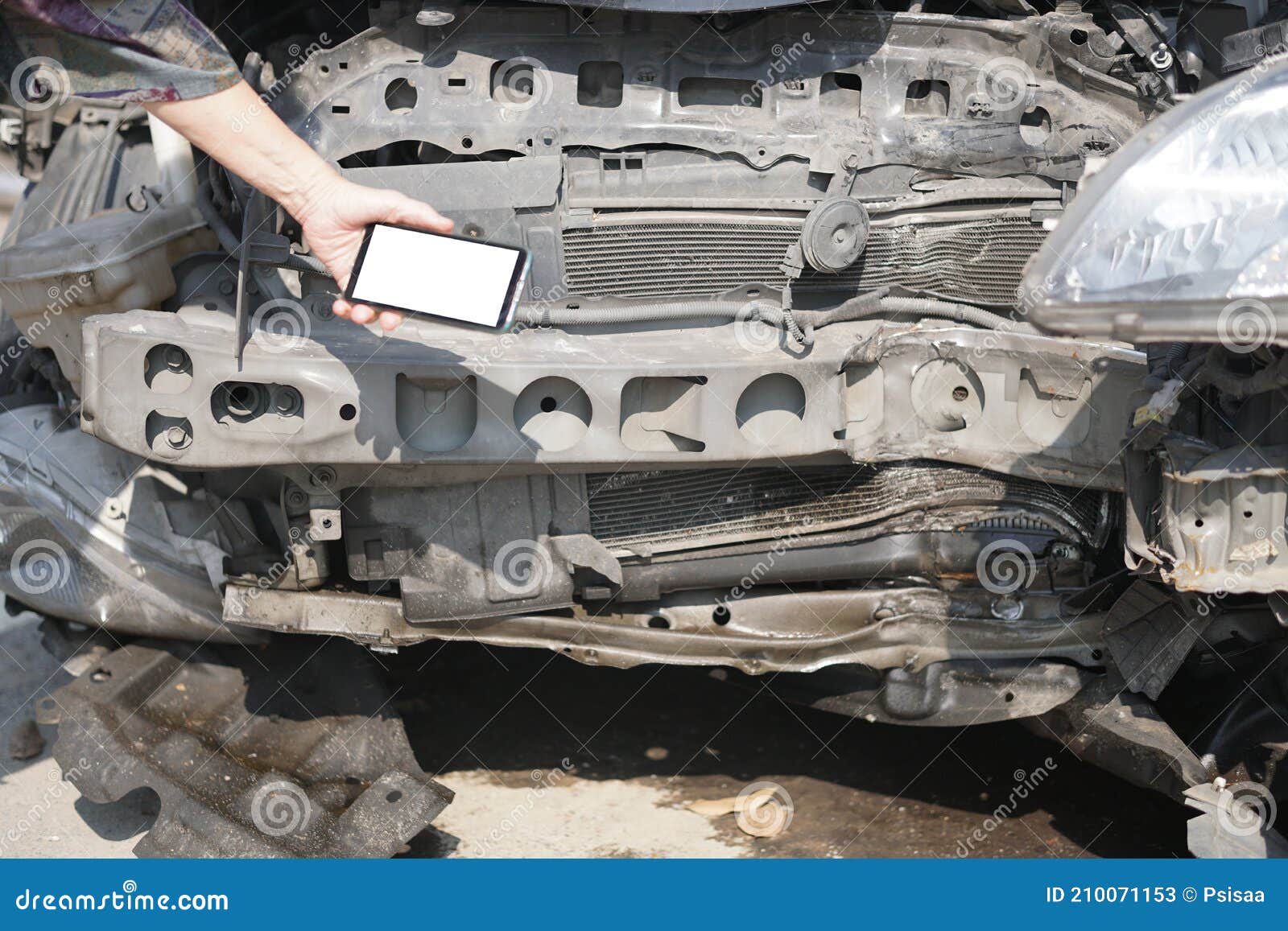 Hand Take Photo of Crashed Damaged Broken Car. Automobile Crash ...