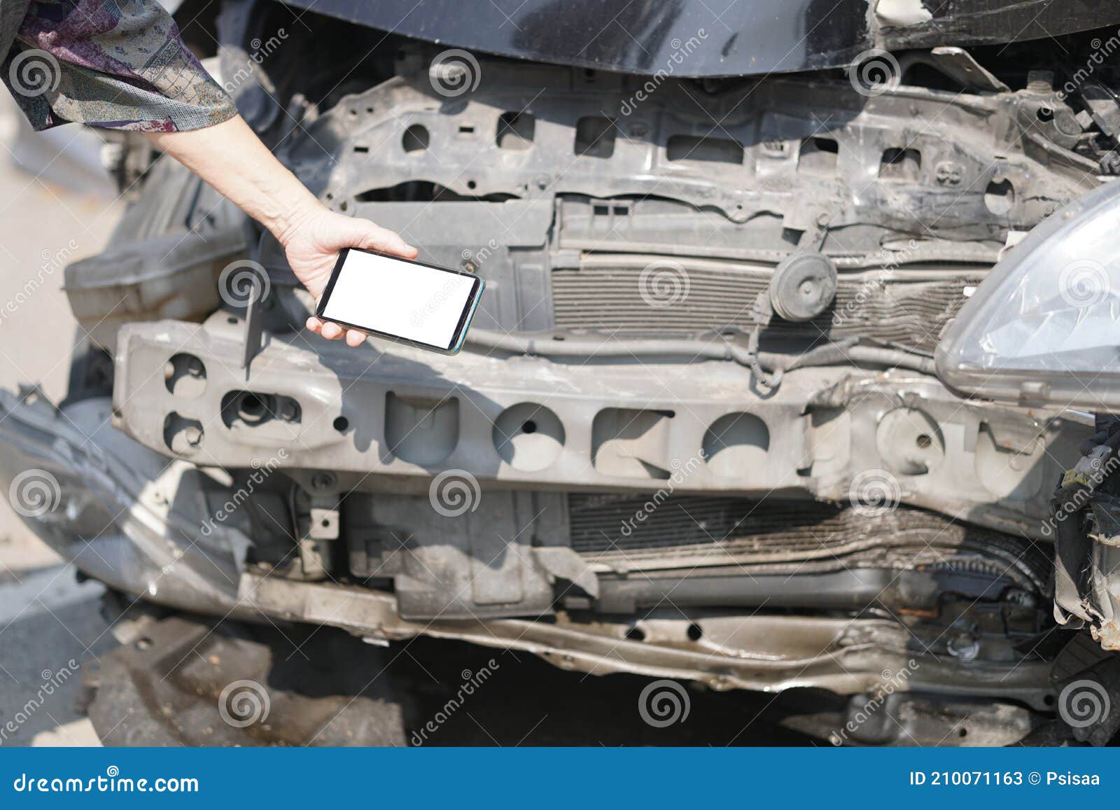 Hand Take Photo of Crashed Damaged Broken Car. Automobile Crash ...