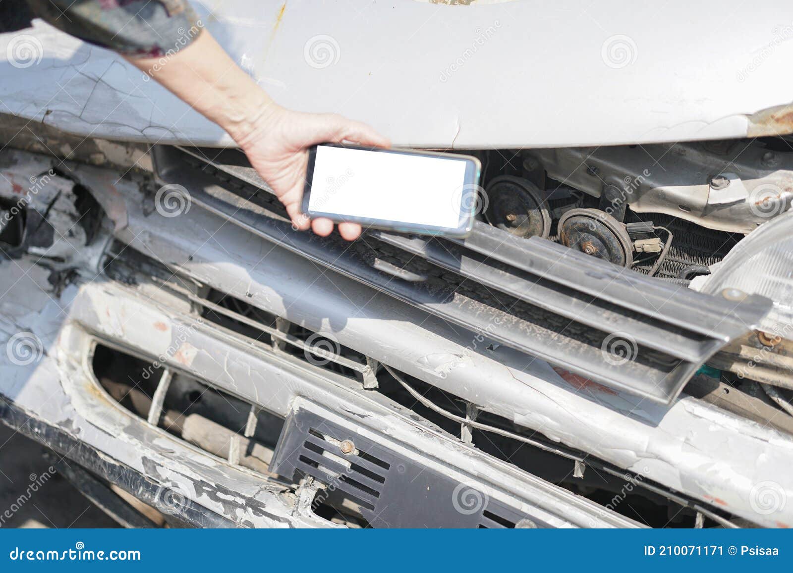 Hand Take Photo of Crashed Damaged Broken Car. Automobile Crash ...