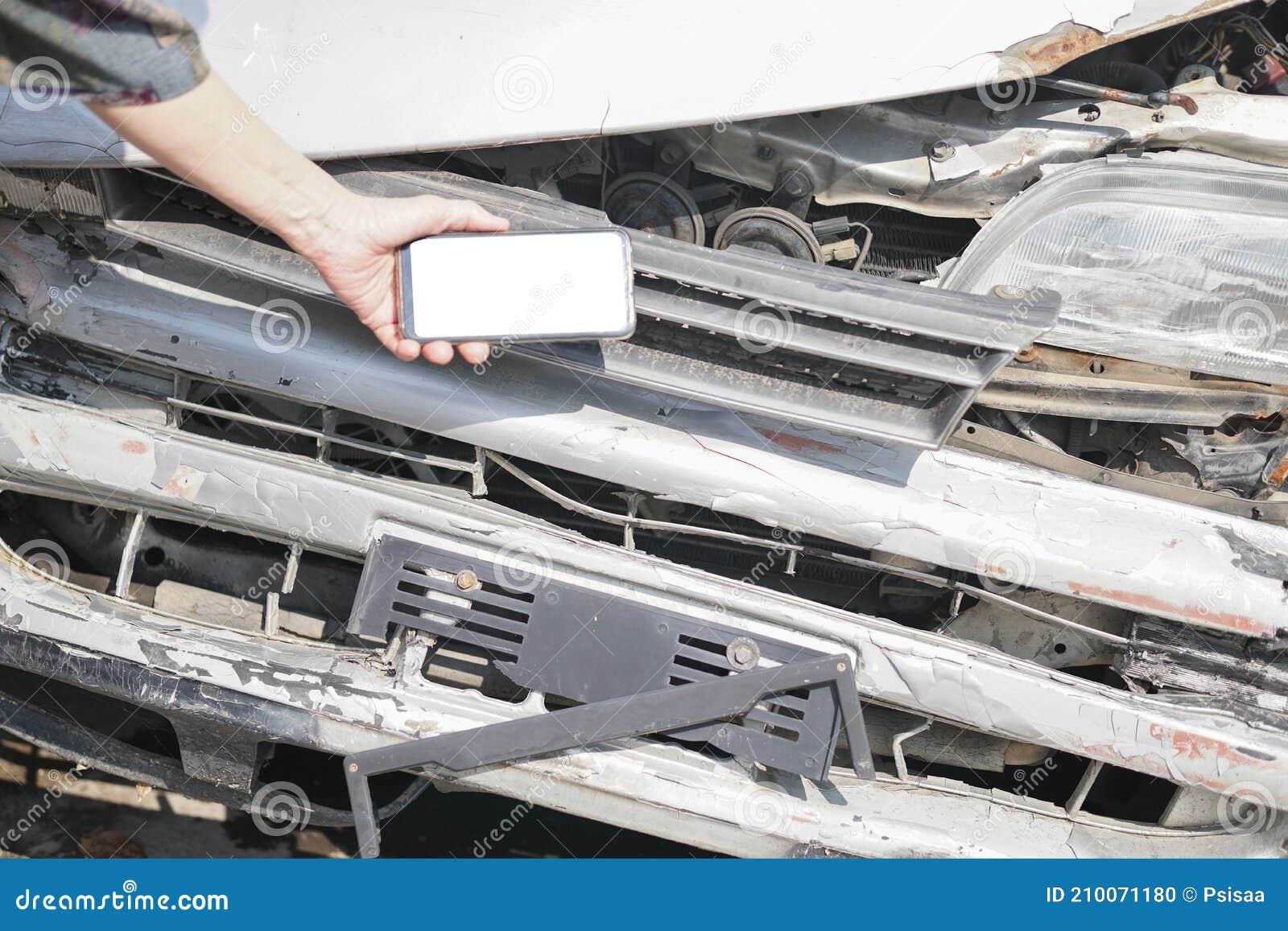 Hand Take Photo of Crashed Damaged Broken Car. Automobile Crash ...