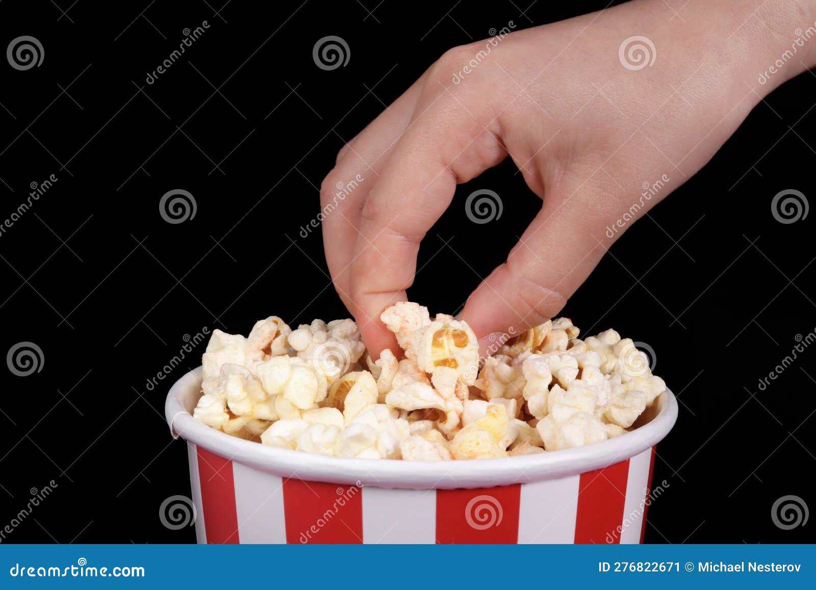 Hand Takes Popcorn from a Paper Box Stock Image - Image of stripes ...