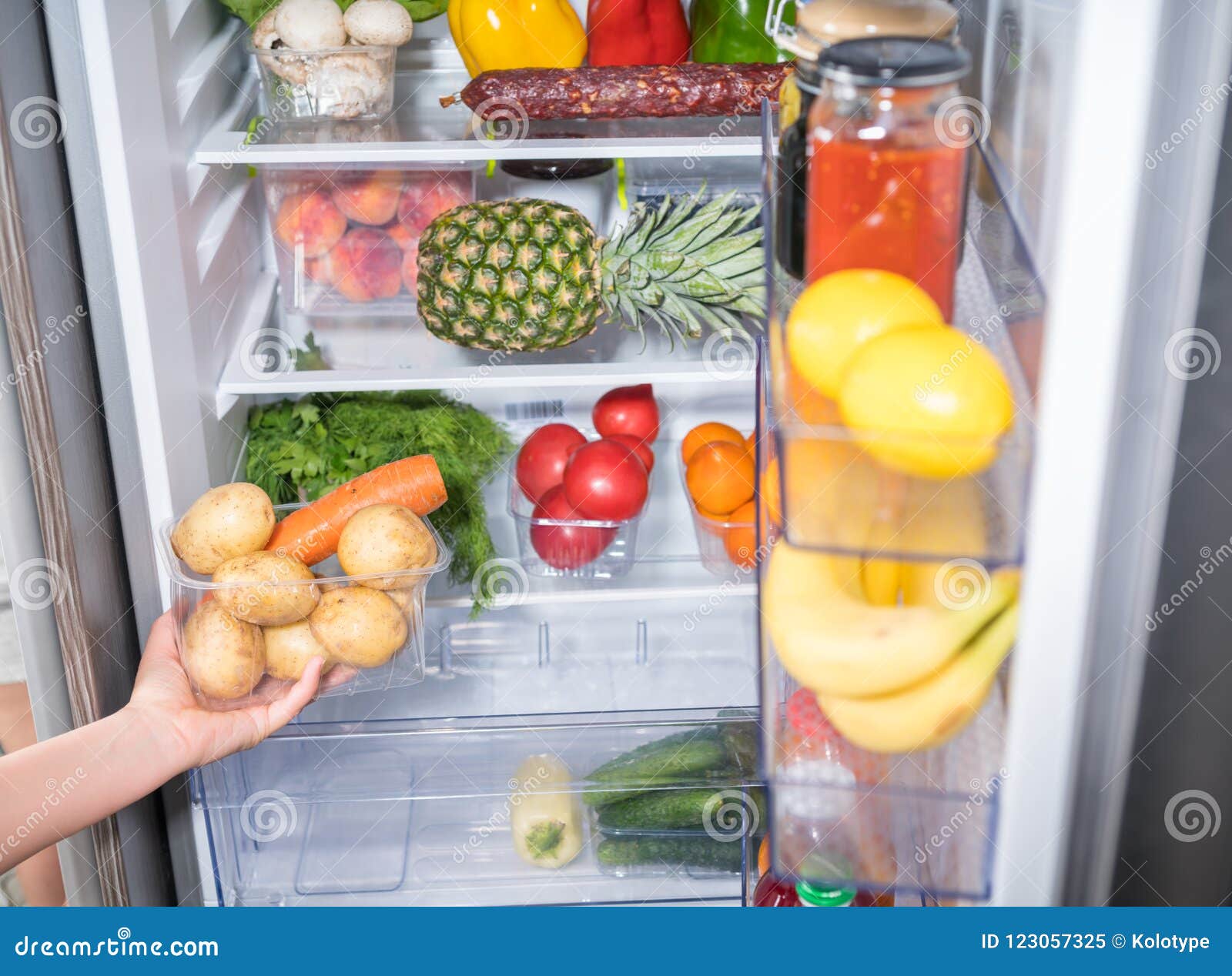 Hand Taking Container with Vegetables from Fridge Stock Image - Image ...