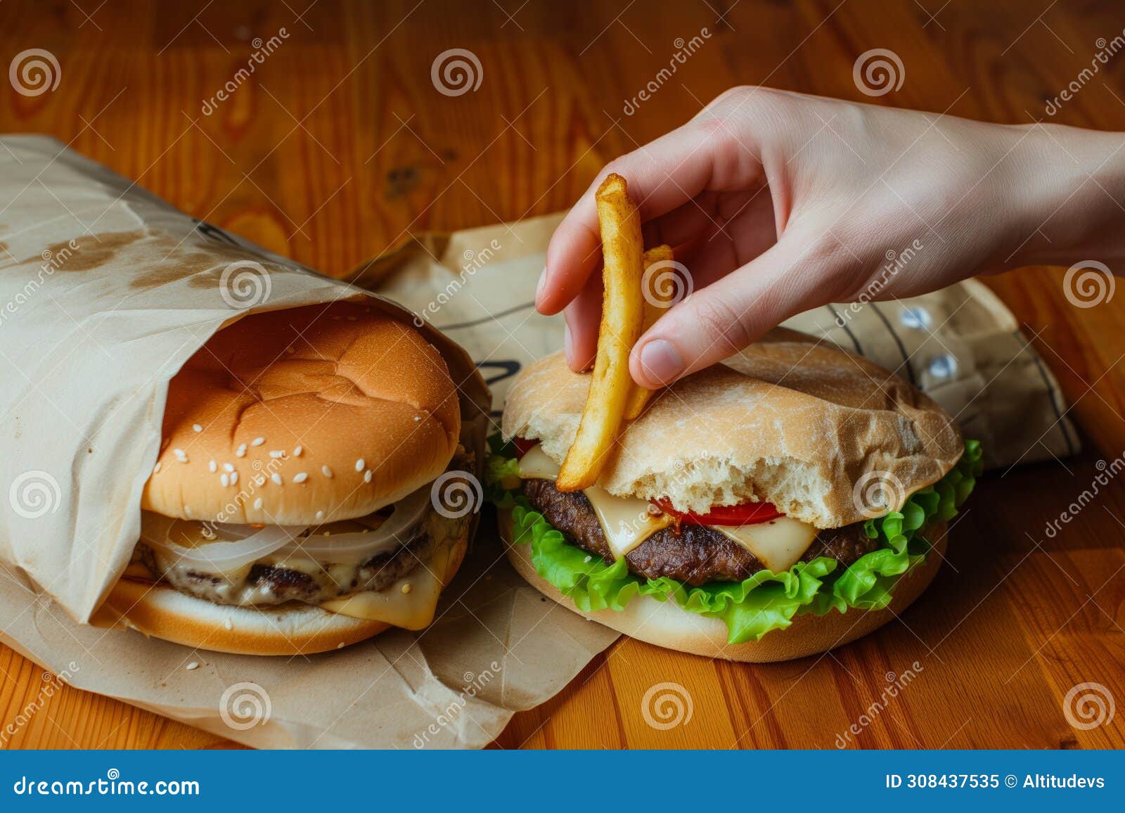 Hand Taking a Fry from a Paper Bag, Burger Wrapped beside it Stock ...