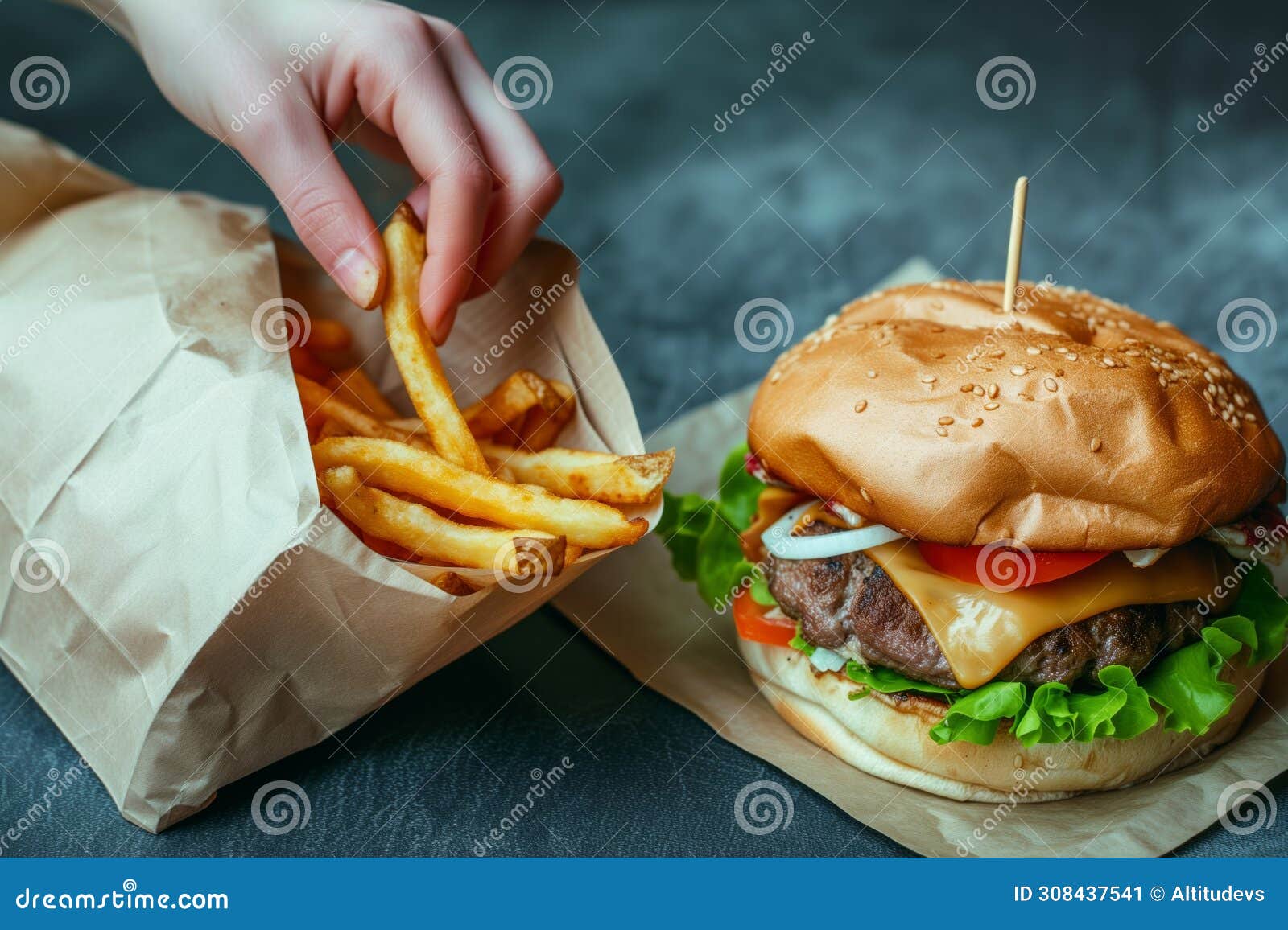 Hand Taking a Fry from a Paper Bag, Burger Wrapped beside it Stock ...