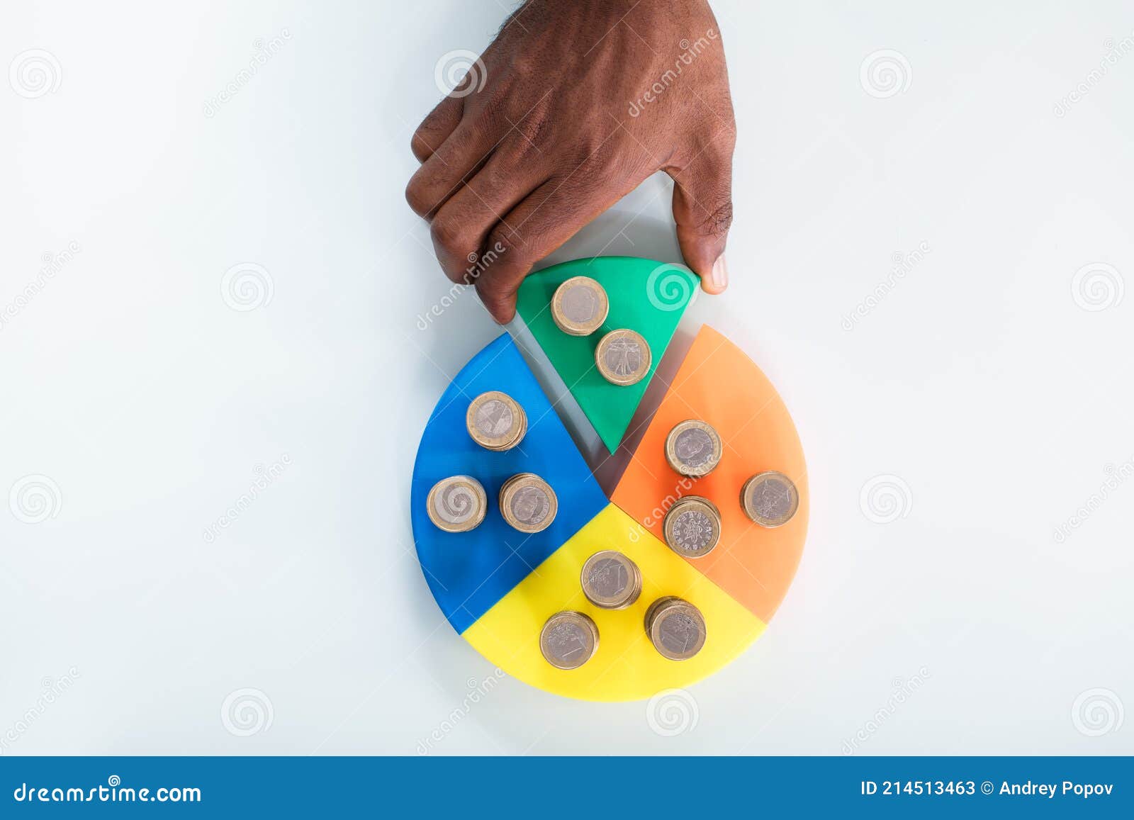 Hand Taking Piece of Pie Chart with Stack of Coins Stock Image - Image ...