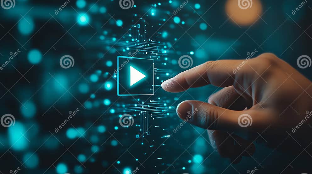 A Hand Taps a Digital Play Button with a Circuitry Design Stock Image ...