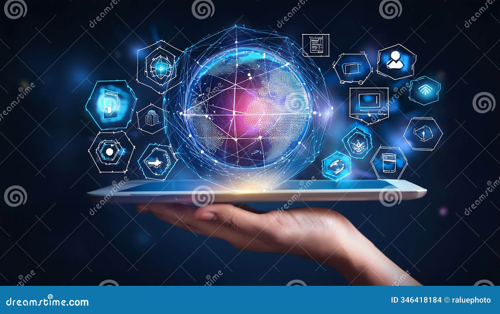 Hand with Technology Concept Icons and Tablet on Dark Background Stock ...
