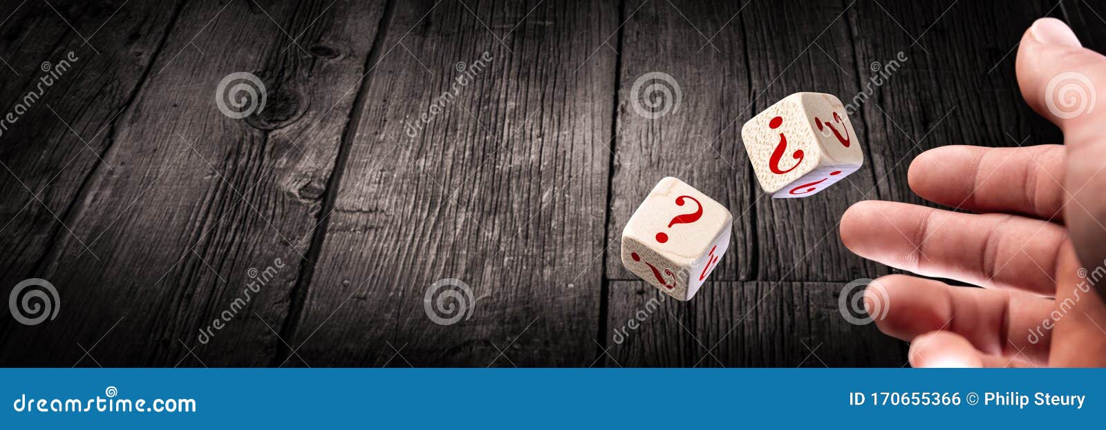 Hand Throwing Two Dice with Red Question Marks Stock Photo - Image of ...