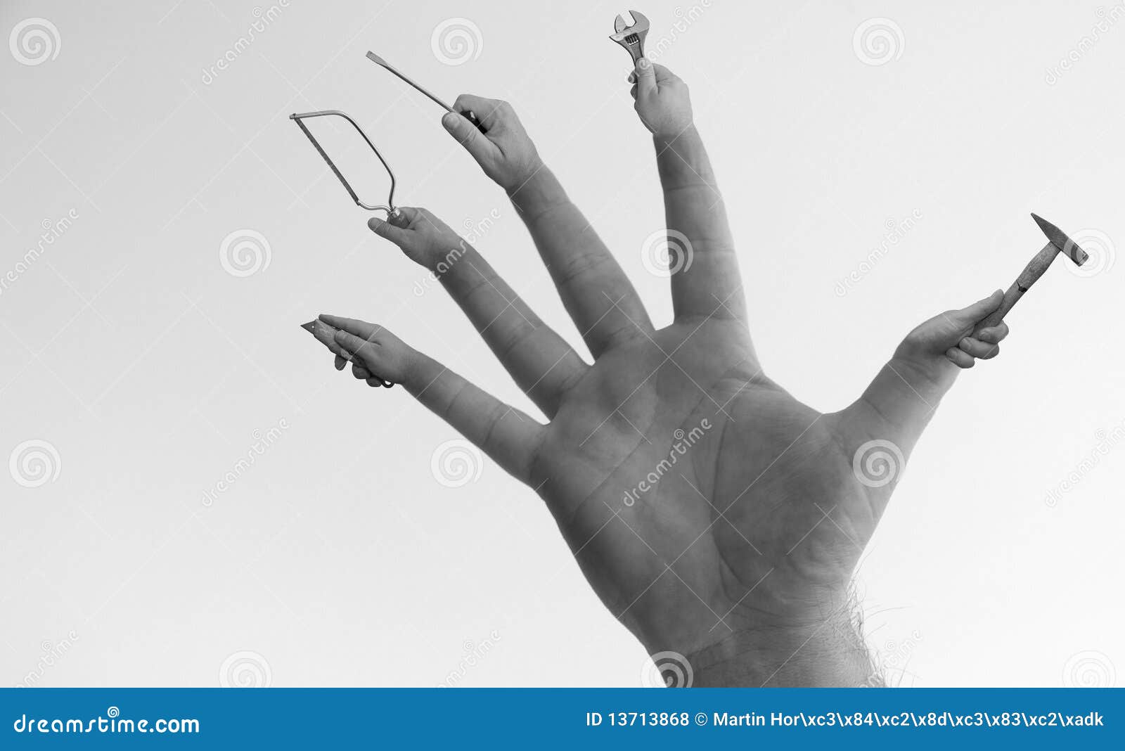 Hand with tools on fingers stock photo. Image of screwdriver - 13713868