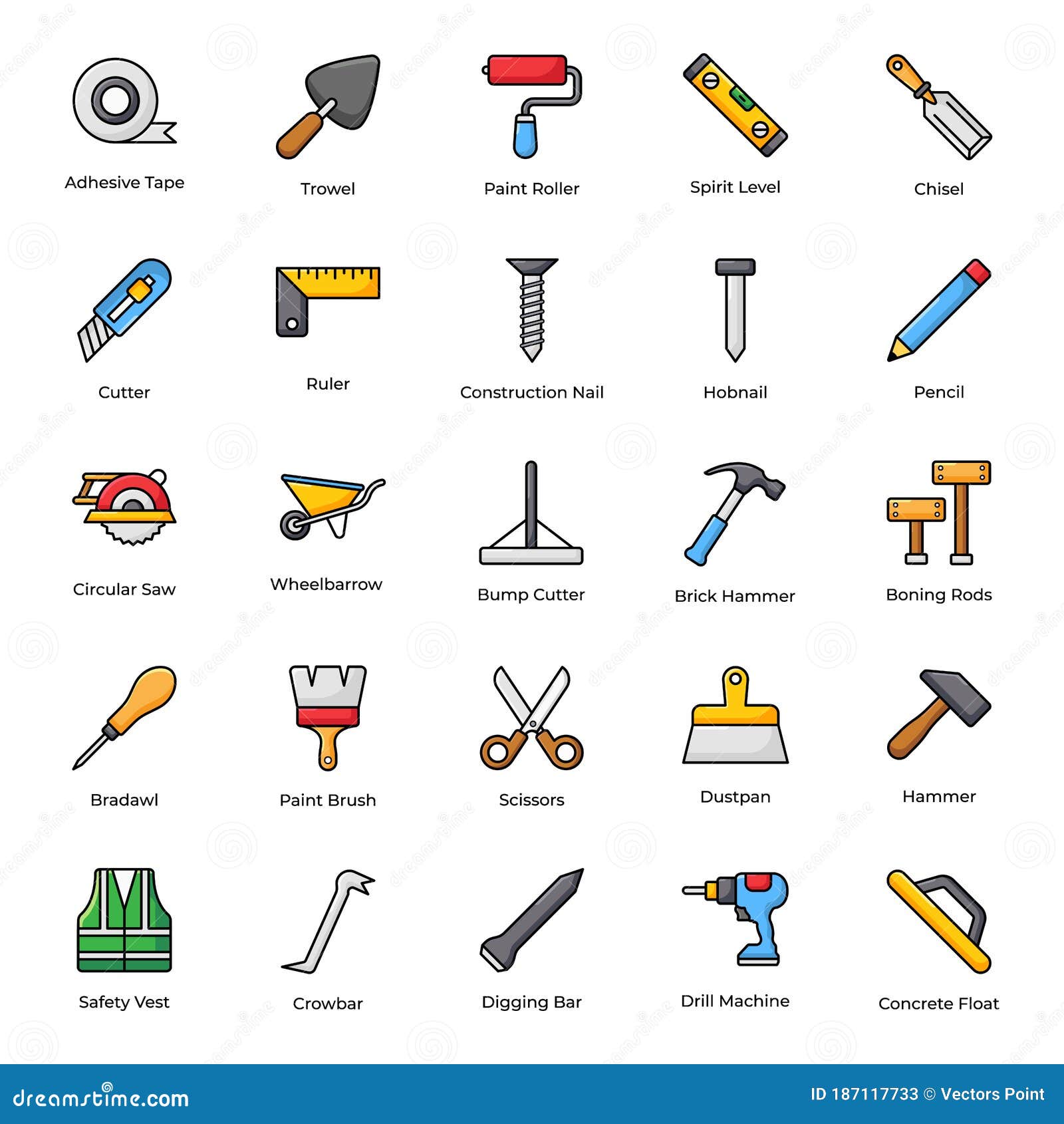 Hand Tools Flat Icons Pack stock vector. Illustration of rods - 187117733