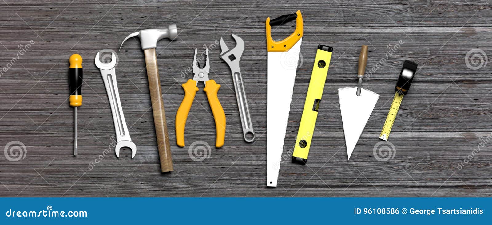 Hand Tools on Grey Wooden Background. 3d Illustration Stock ...