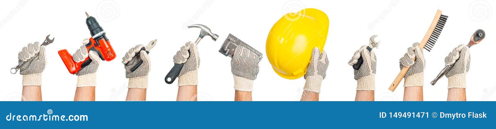 Hands Holding Construction Tools Isolated on White Background Stock ...