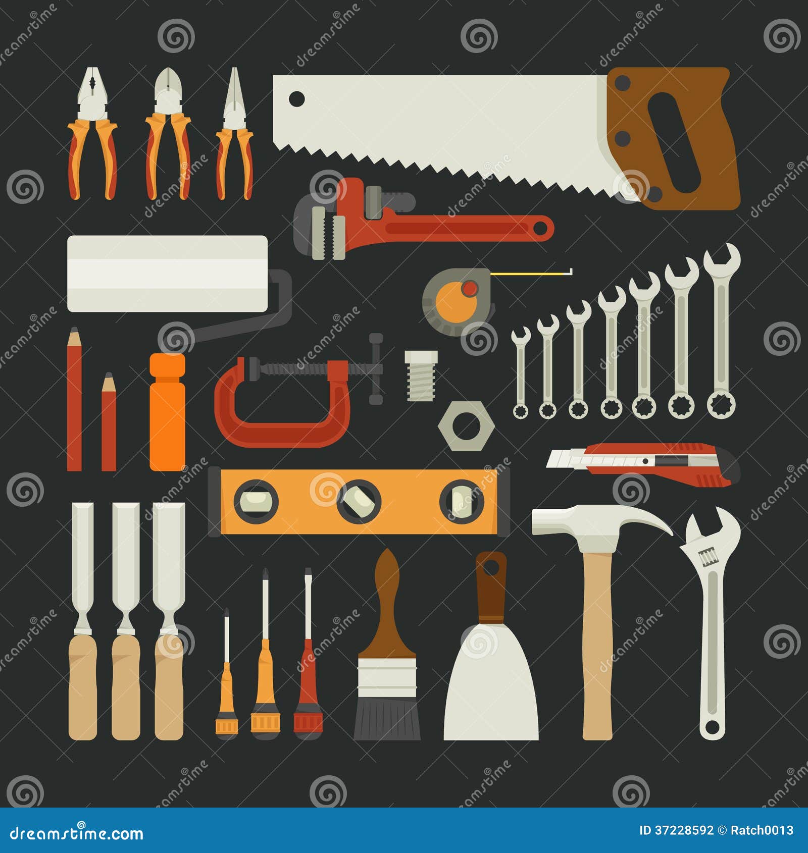Hand Tools Icon Set , Flat Design Stock Vector - Illustration of drill ...