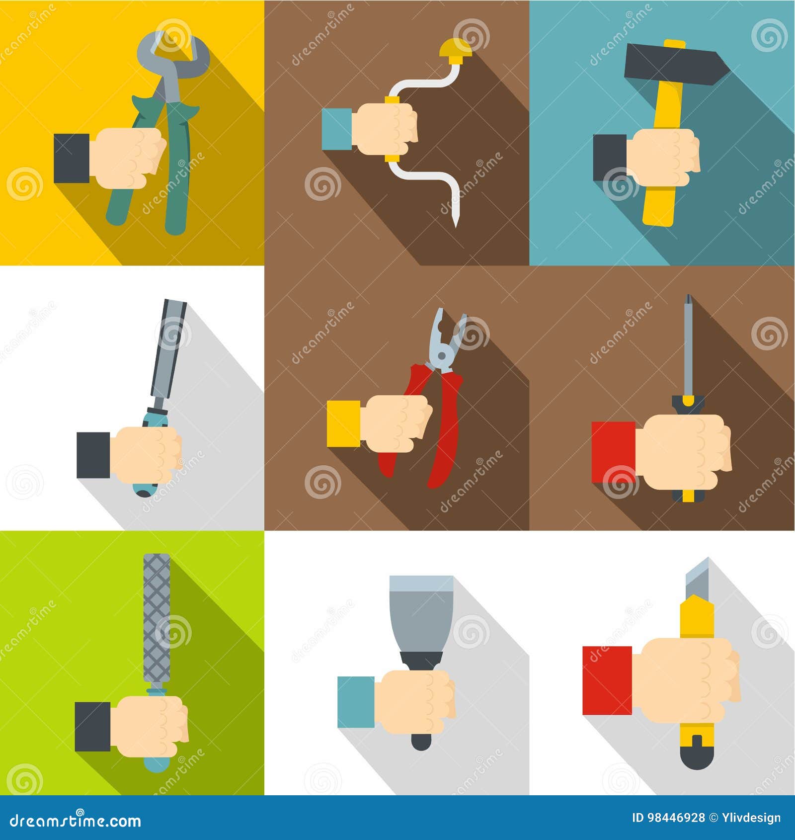 Hand with Tools Icons Set, Flat Style Stock Vector - Illustration of ...