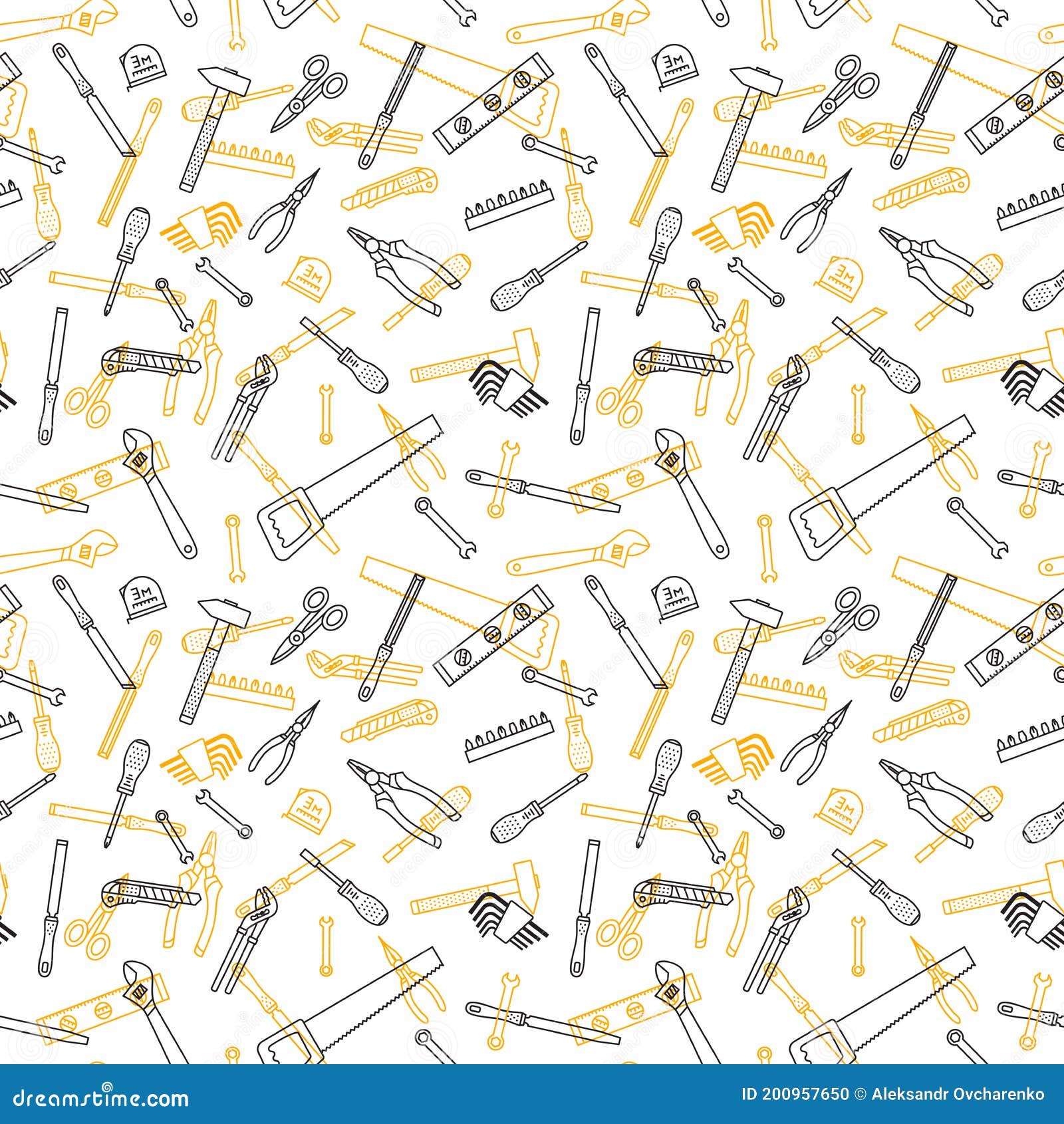 Hand Tools Line Art Vector Seamless Pattern on White Background Stock ...