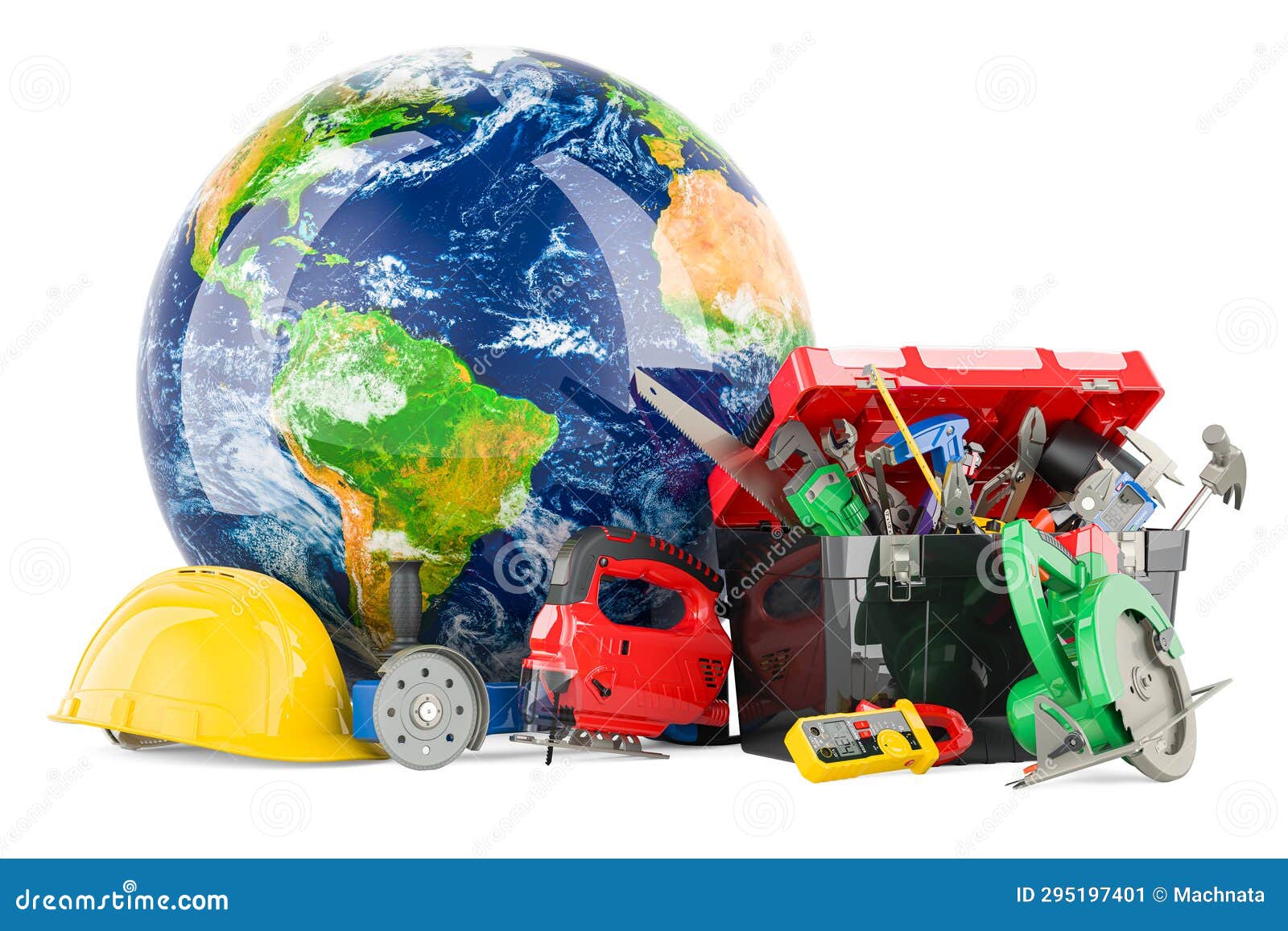 Hand Tools and Plastic Tool Box with Earth Globe. Service, Repair and ...