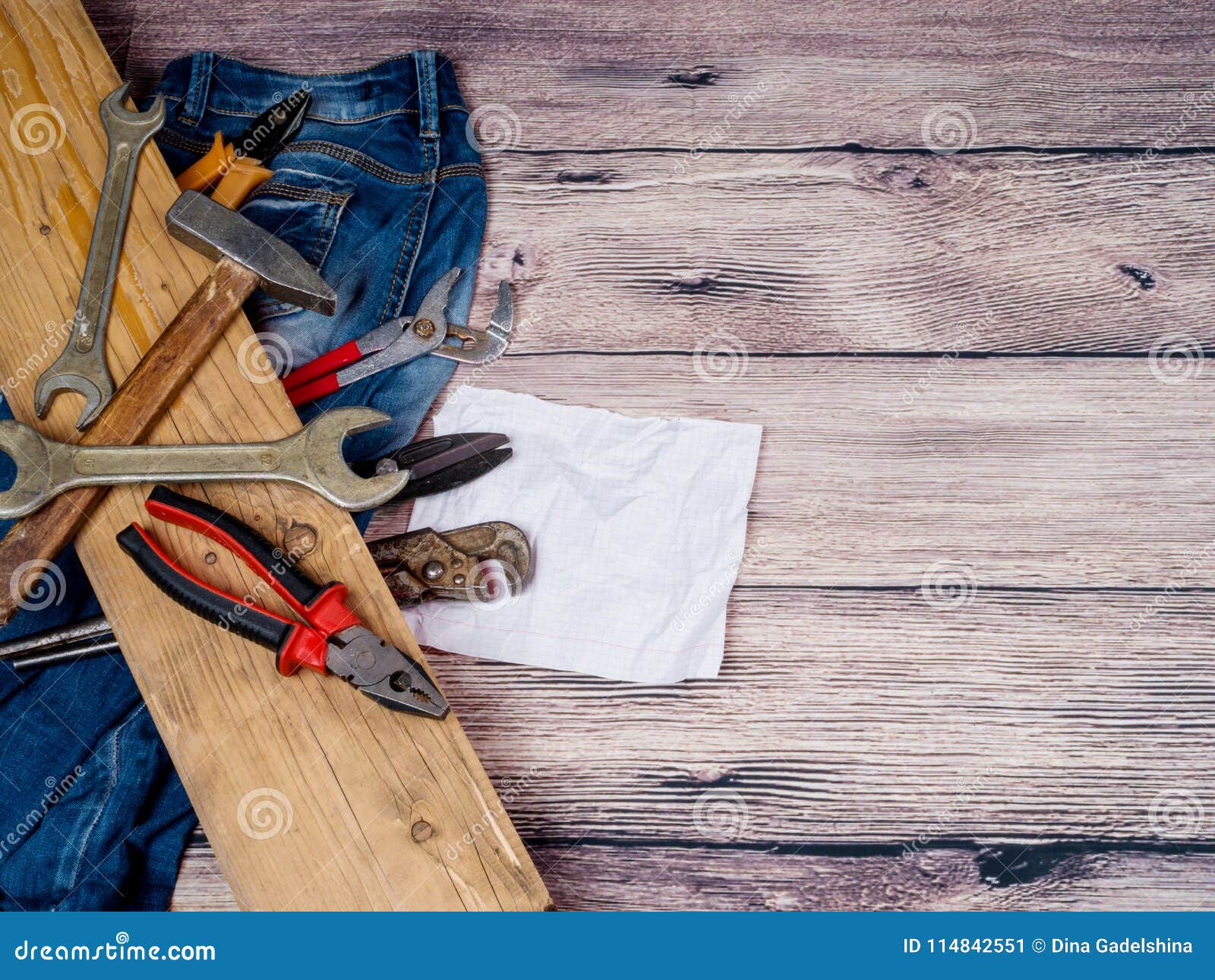 Hand Tools for Repair on a Wooden Background. Stock Image - Image of ...