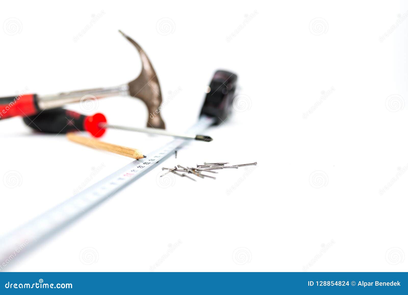 Hand Tools on White Background, Hammer, Screwdriver, Ruler, Pencil and ...
