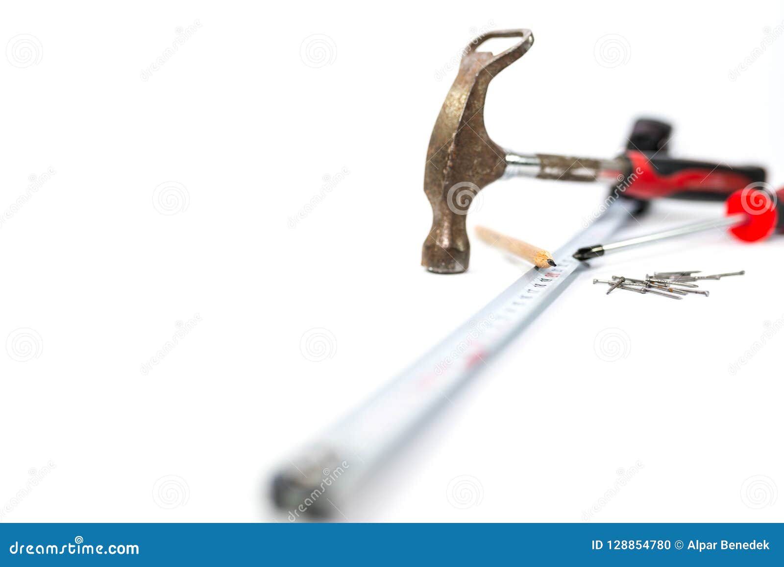 Hand Tools on White Background, Hammer, Screwdriver, Ruler, Pencil and ...