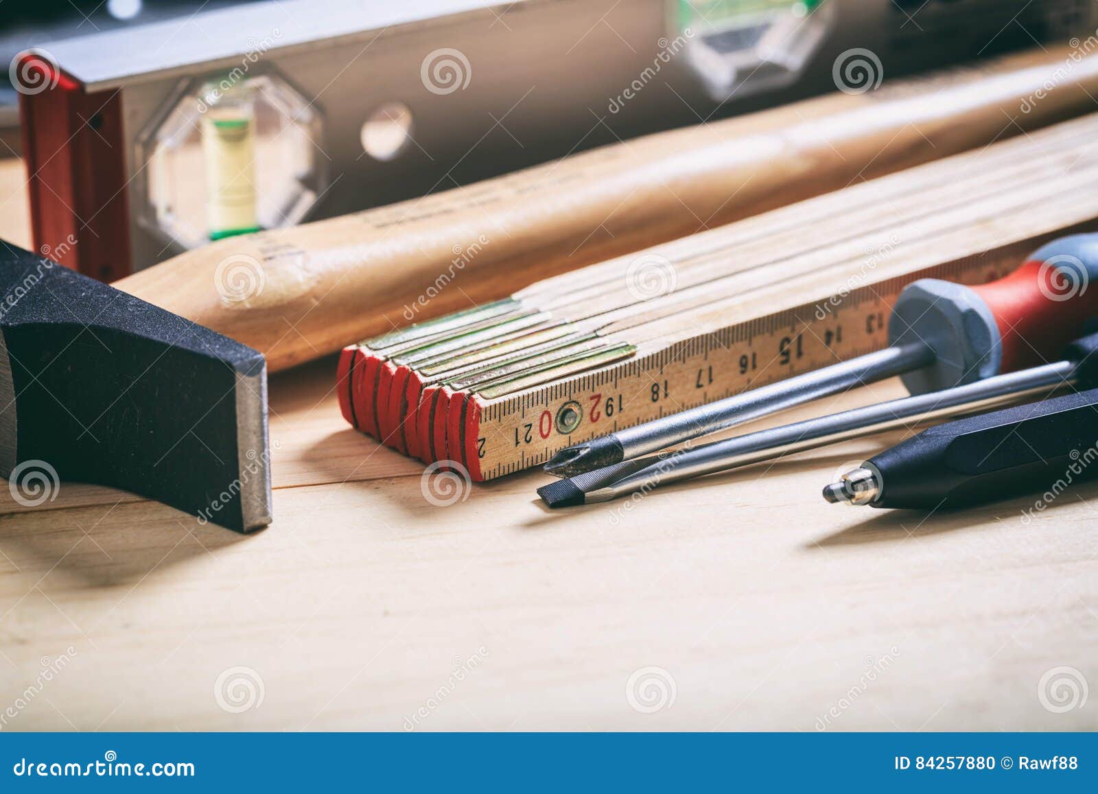 Hand Tools on Wooden Background Stock Photo - Image of level, iron ...