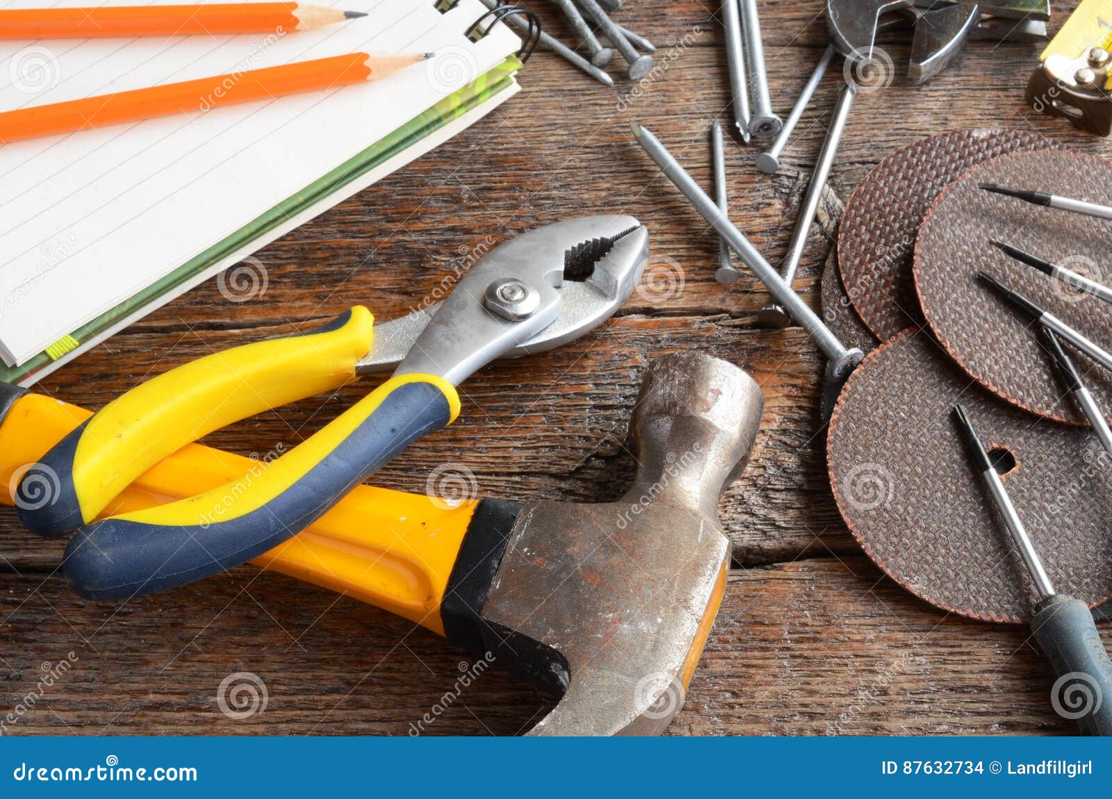 Hand Tools and Work Bench Background Stock Photo - Image of pliers ...