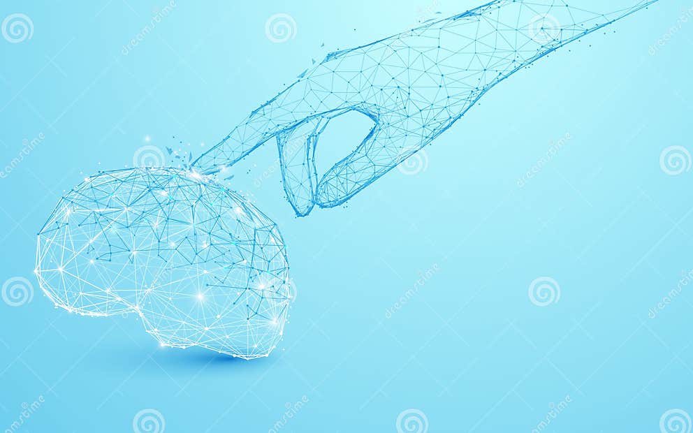 Hand Touch Brain Form Lines and Triangles, Point Connecting Network on ...