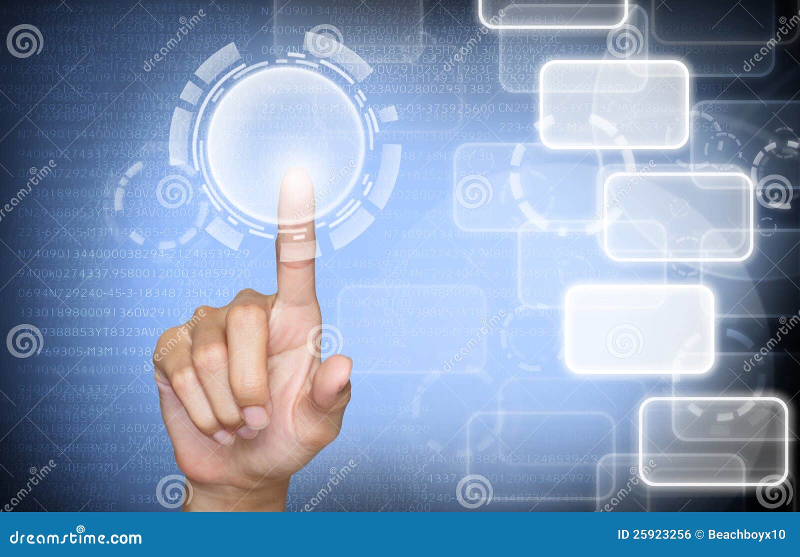 Hand Touch Screen on Blue Background. Stock Photo - Image of monitor ...