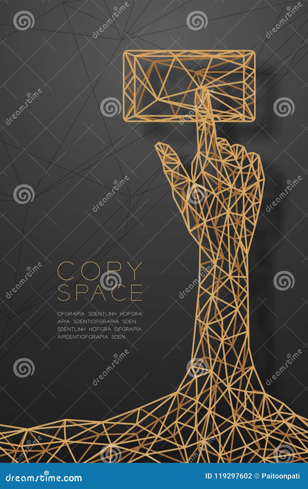 Hand Touch Screen Smartphone Shape Wireframe Polygon Golden Frame ...