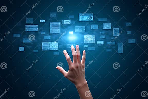 A Hand Touches a Digital Interface with Floating Data Windows in Blue Stock Illustration ...