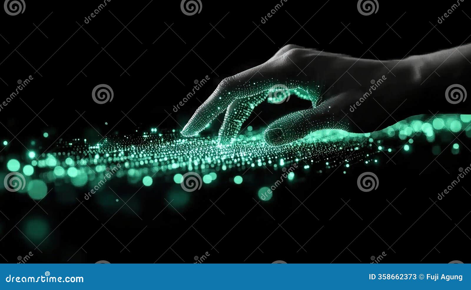 Hand Touches Glowing Particles Dark Background Digital Interface ...