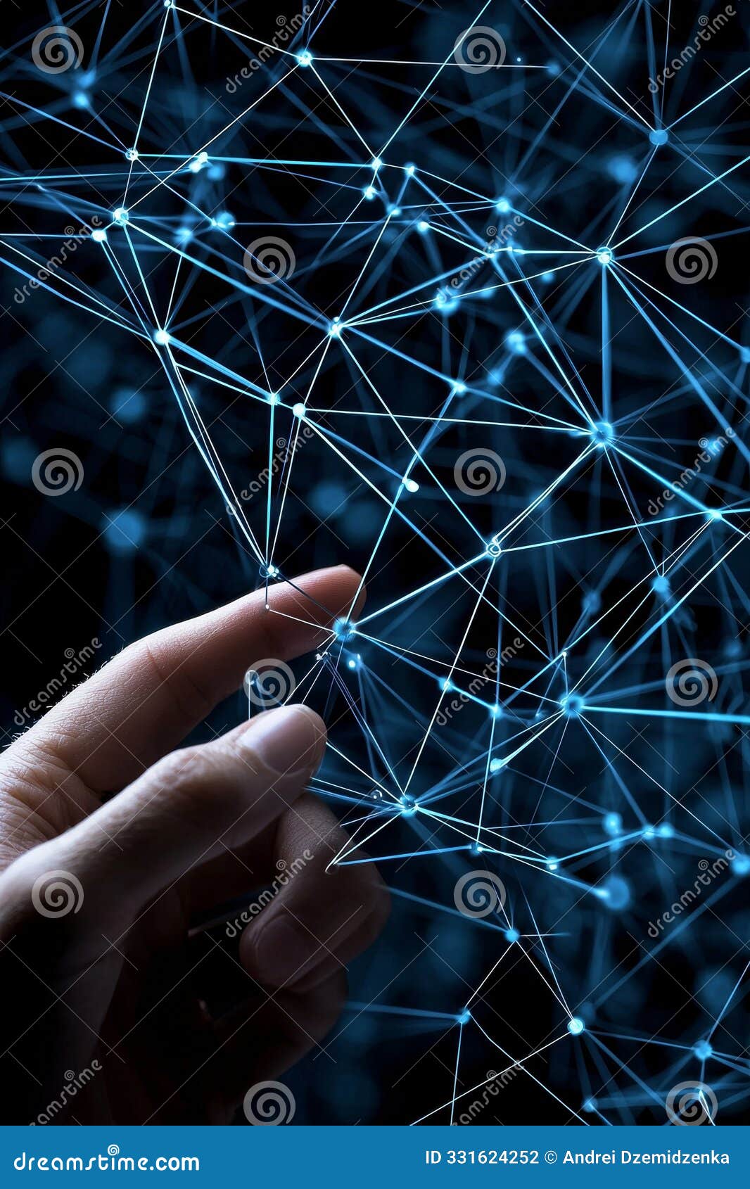 Hand Touches Something on the Blue Background, Points Connecting in a ...