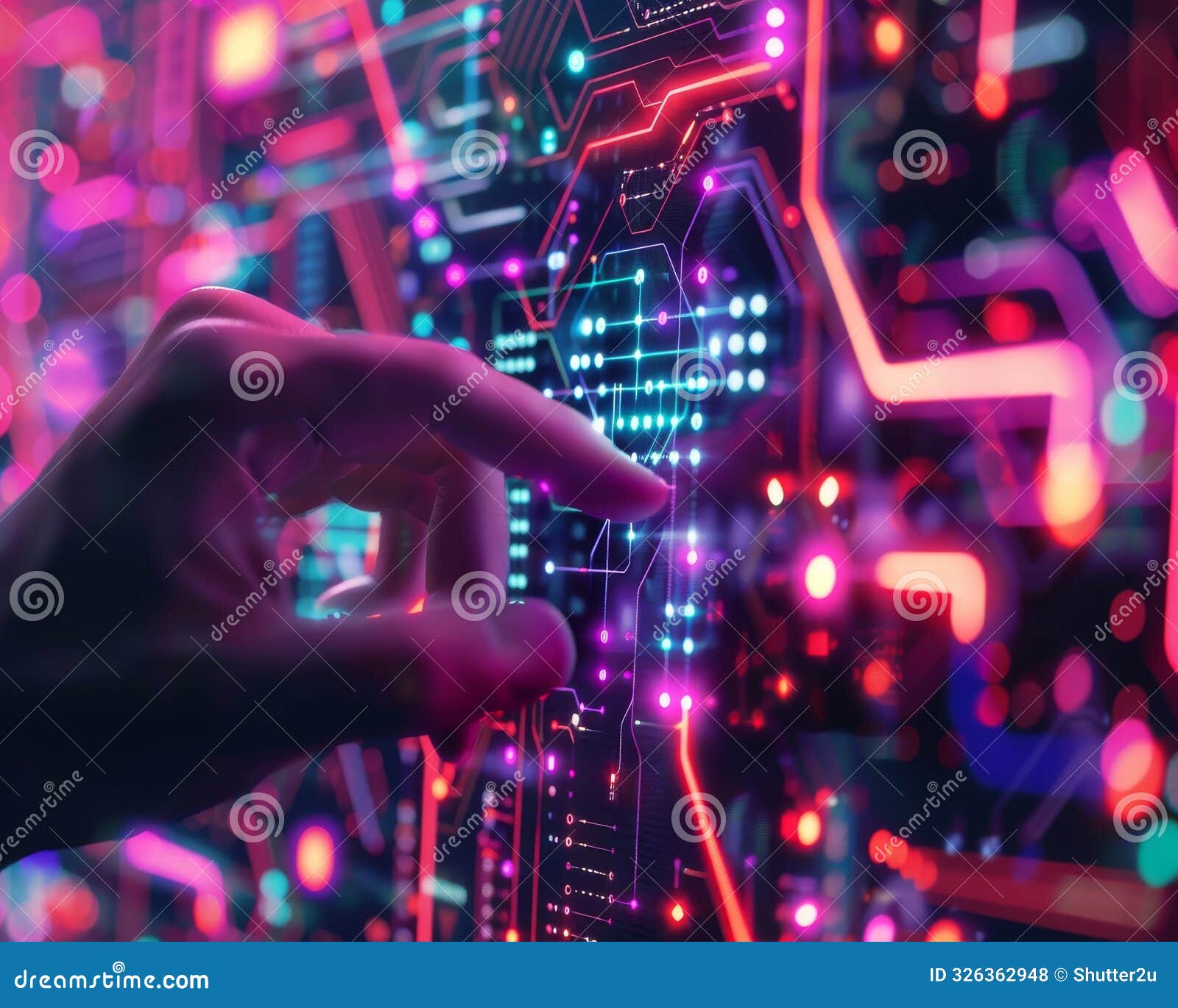 Hand Touching AI PCB Symbol Neon Lights Cyber Realm Backdrop Stock ...