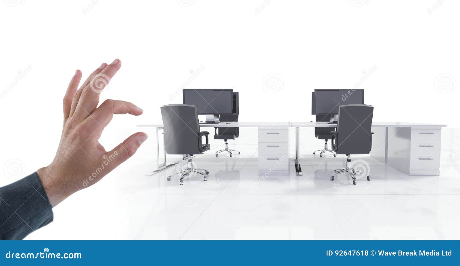 Hand Touching Air of Office with Desks Stock Photo - Image of business ...