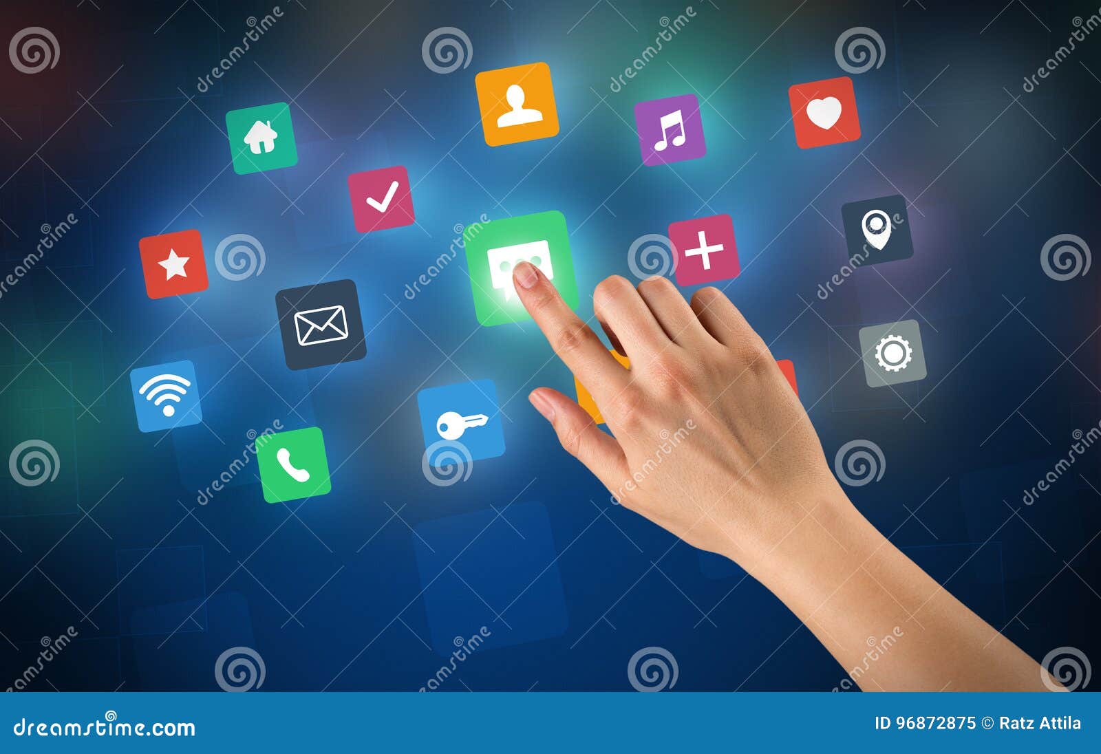 Hand touching apps stock illustration. Illustration of color - 96872875
