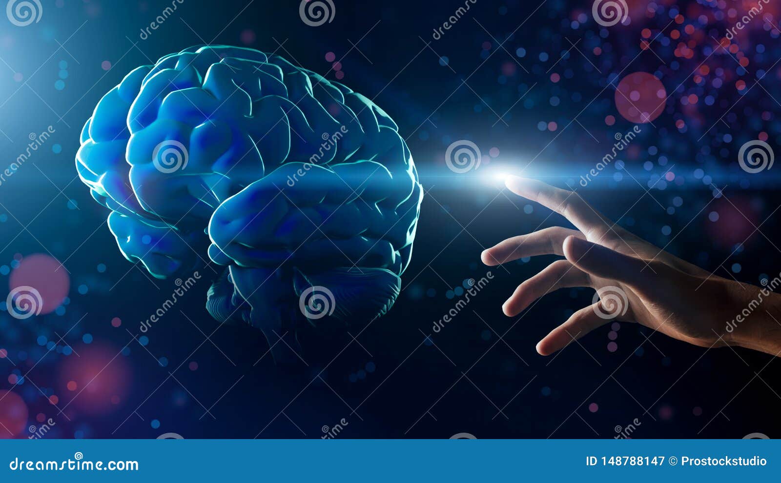 Hand Touching Artificial Brain on Glitter Background Stock Illustration ...