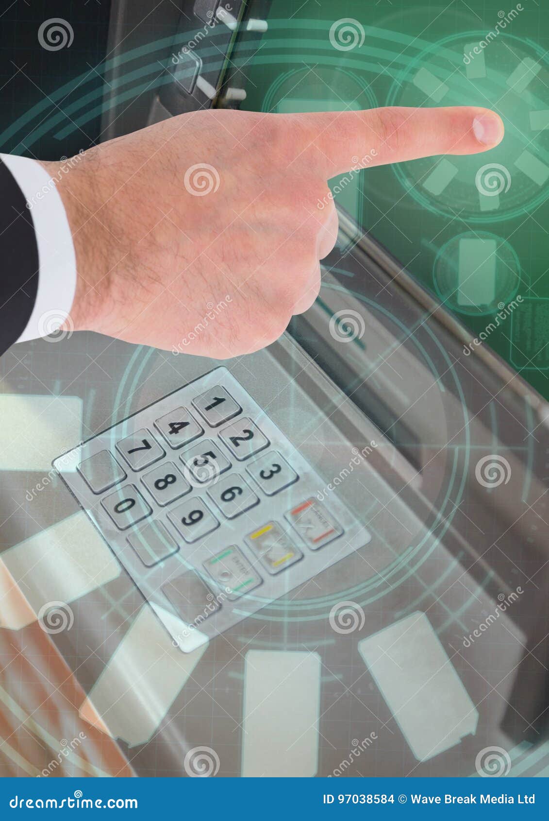 Hand Touching Bank ATM Machine with Interface Graphics Stock Photo ...