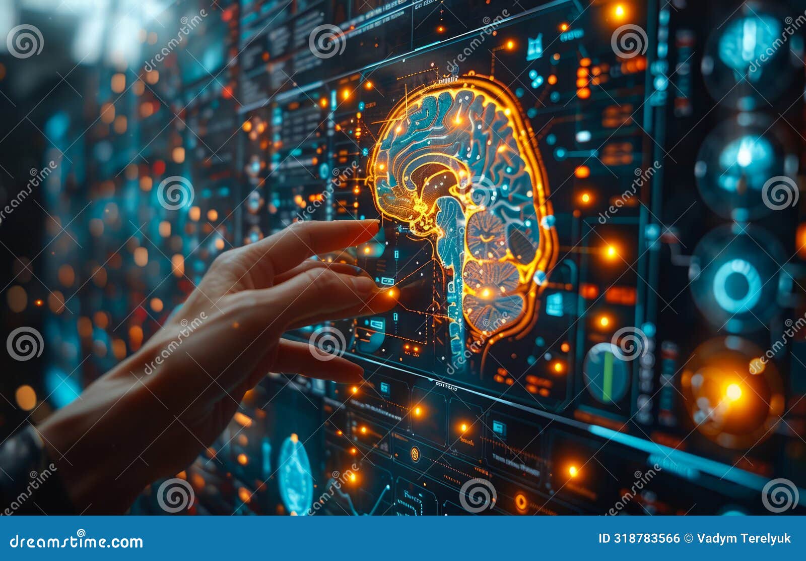 A Hand is Touching a Brain on a Computer Screen. Concept of the Brain ...
