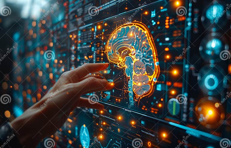 A Hand is Touching a Brain on a Computer Screen. Concept of the Brain ...