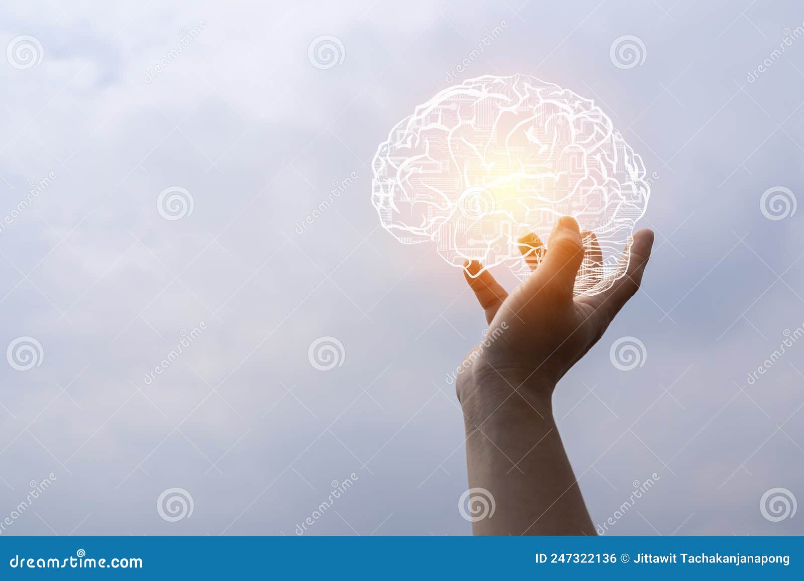 Hand Touching Brain and Network Connection on Glitter Bright Lights ...