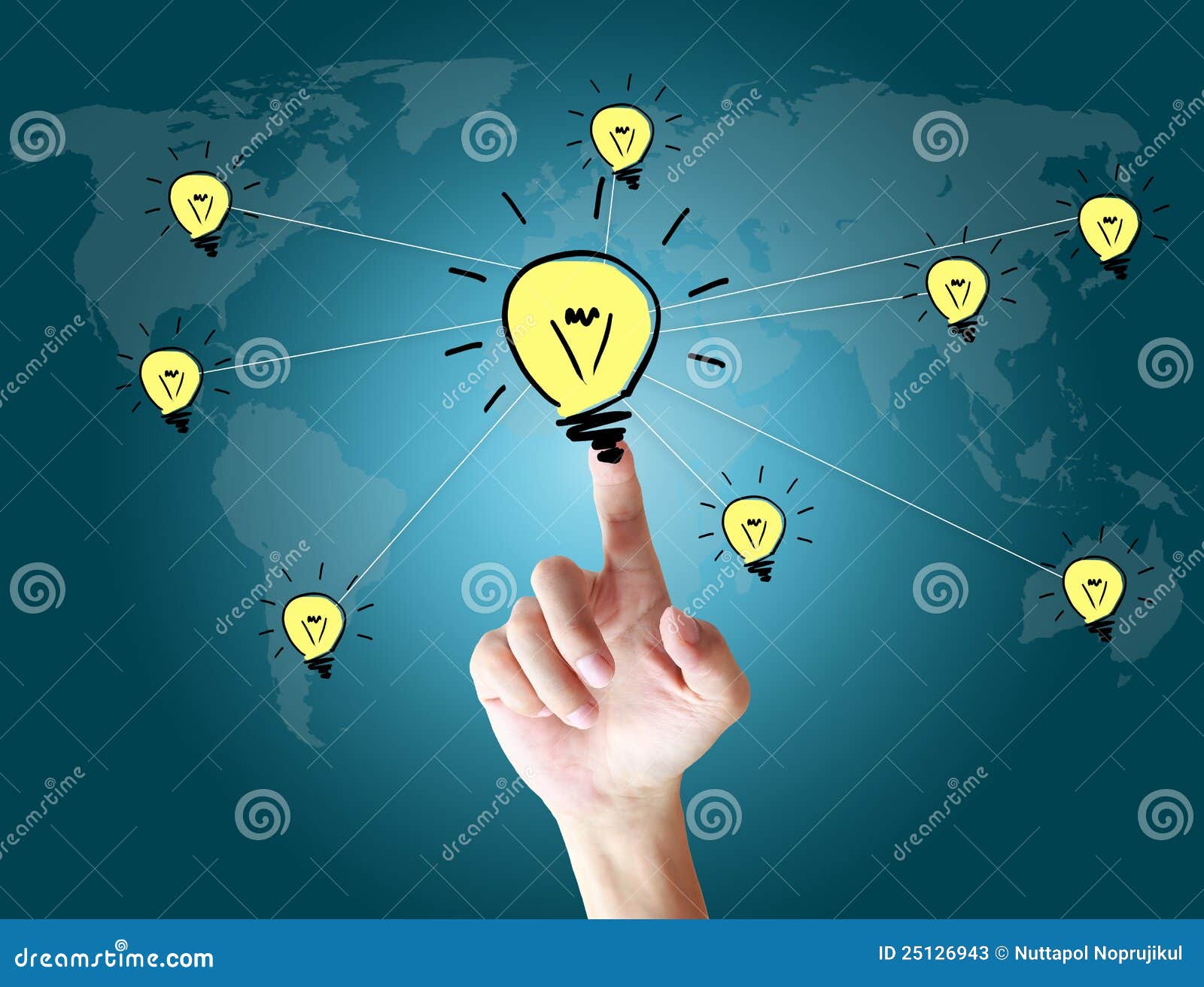 Hand Touching Bulb on the Screen World Stock Illustration ...