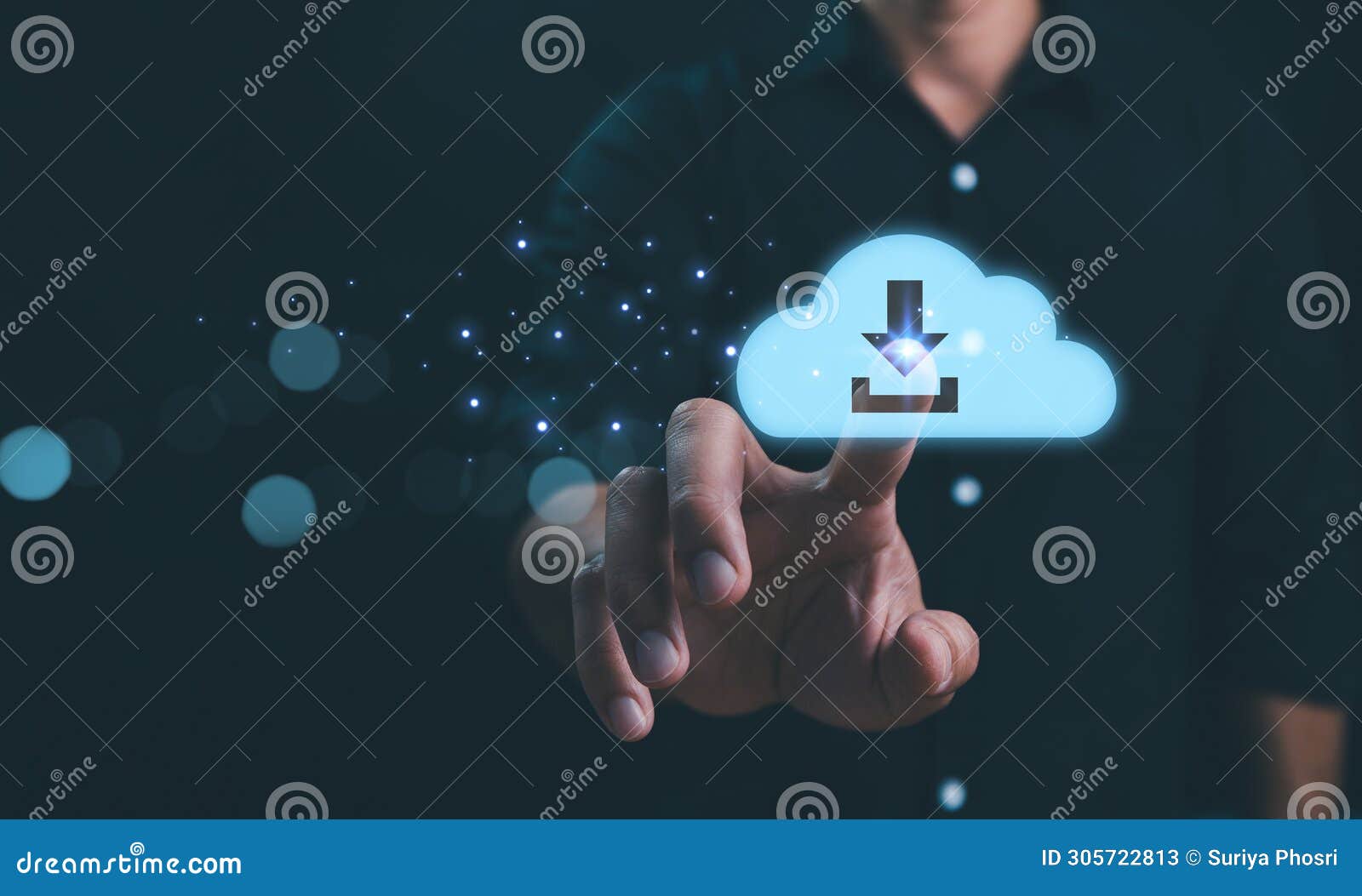 Hand Touching Cloud Computing with Download Sign, Cloud Computing Diagram Shown in Technology ...