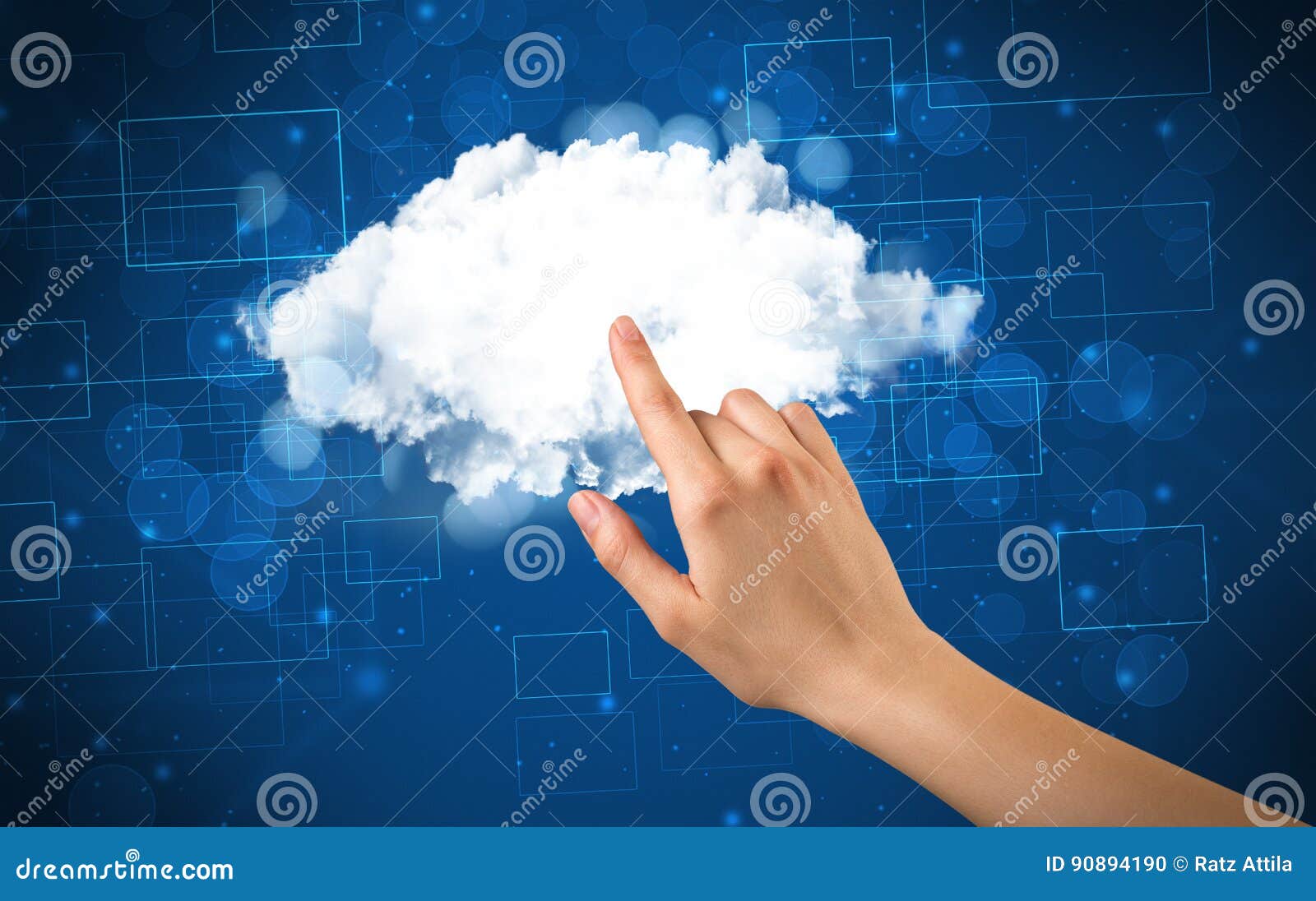 Hand touching cloud stock photo. Image of media, hold - 90894190