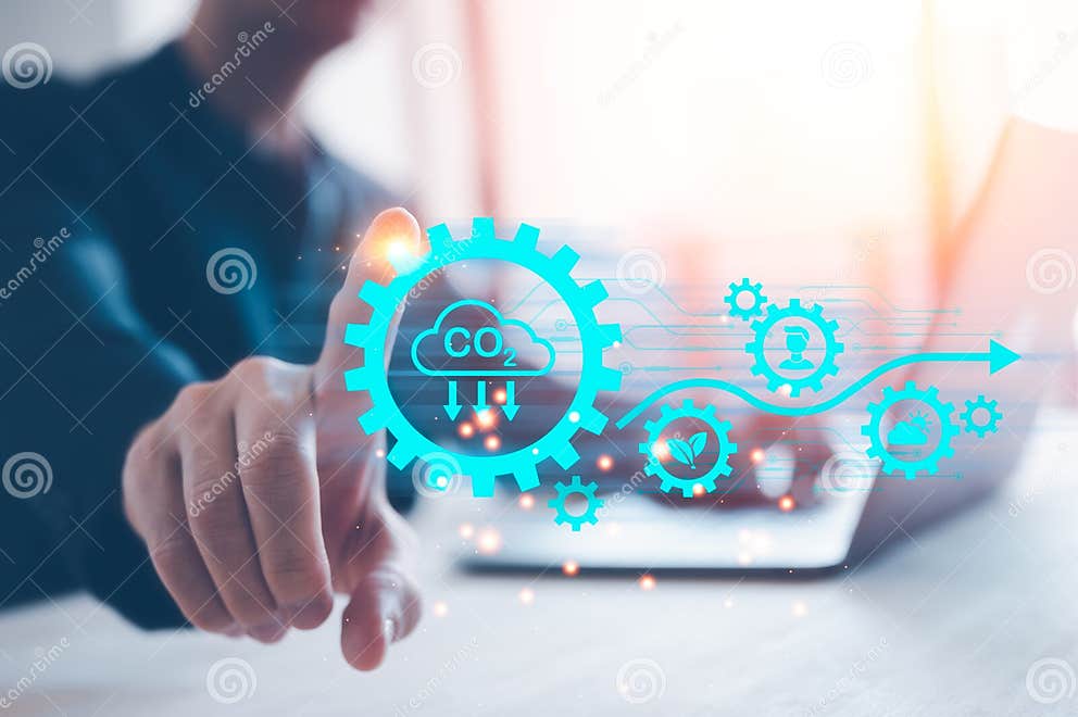 Hand Touching CO2 Reducing Icon in Concept of Decrease Carbon Dioxide Emission Stock Photo ...